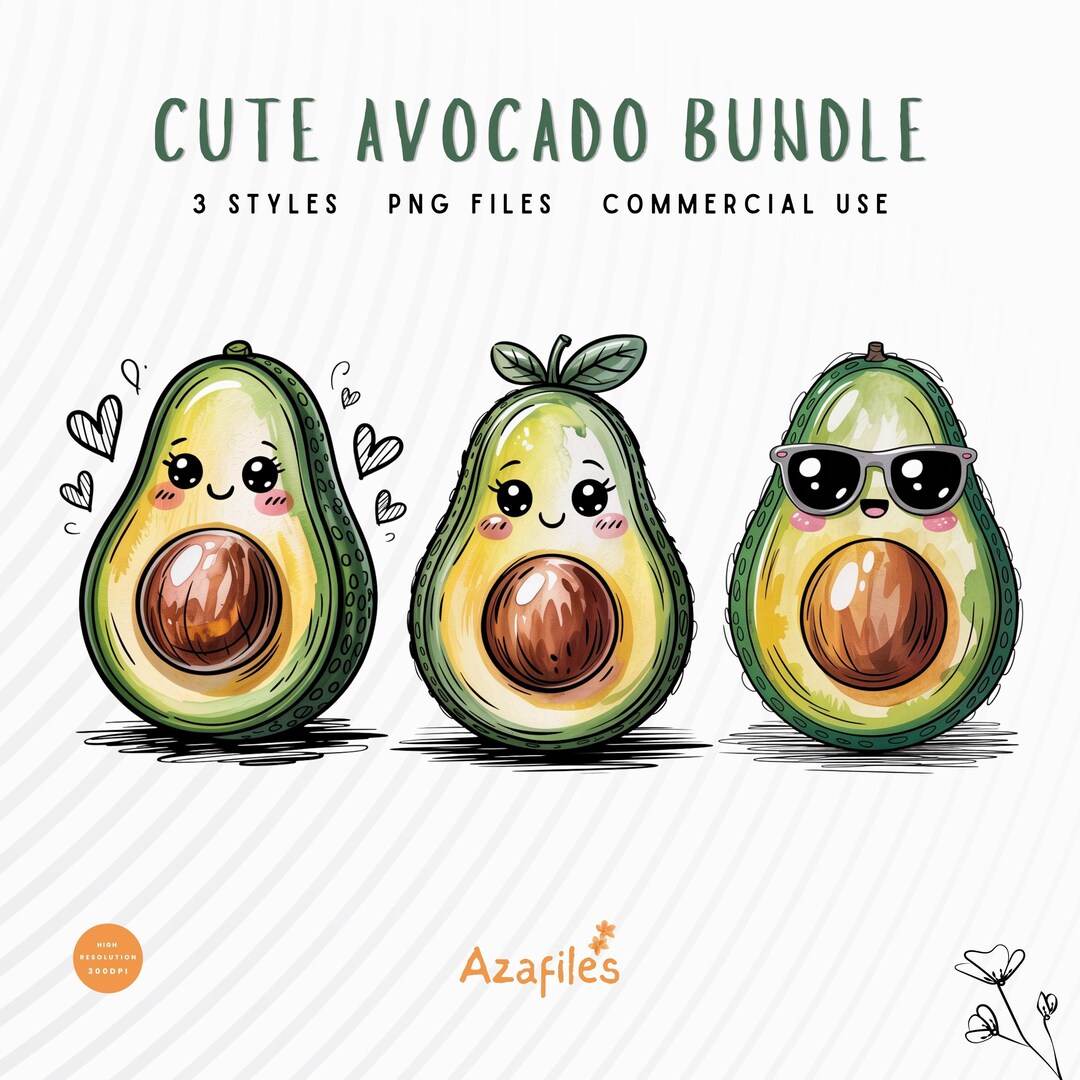 Kawaii Avocado Clipart Bundle, Fruit PNG, Funny Avocado Sublimation ...