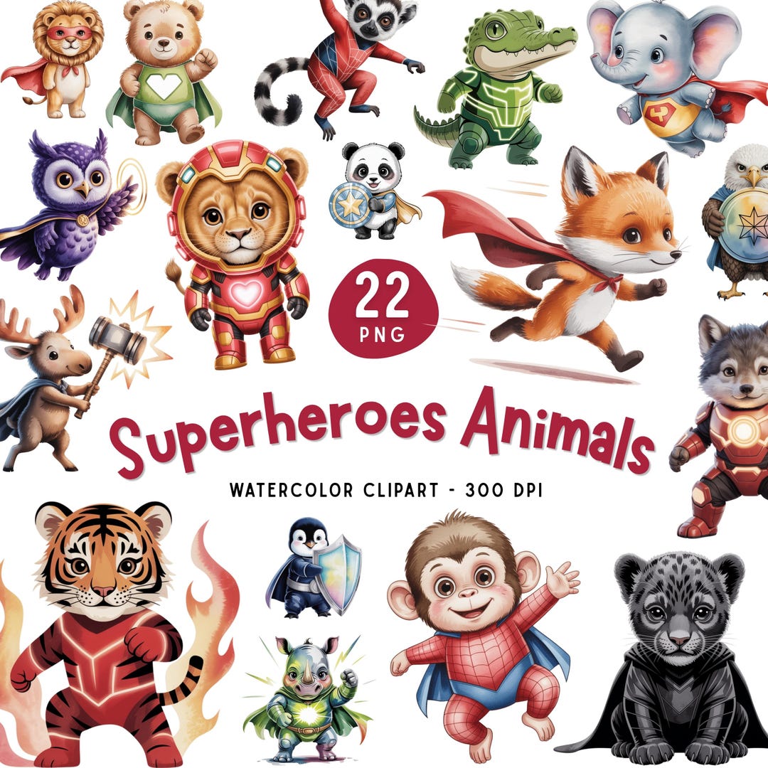 Superhero Animals Clipart Bundle, Watercolor Kids Hero PNG, Superhero ...