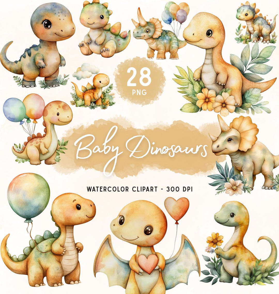 Baby Dinosaur Watercolor PNG Bundle, Baby Dino Birthday, Dinosaurs ...