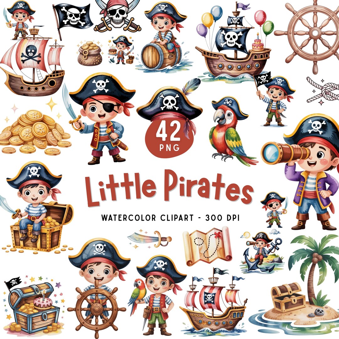 Kids Pirate Clipart Bundle, Kids Watercolor Pirates PNG, Treasure ...