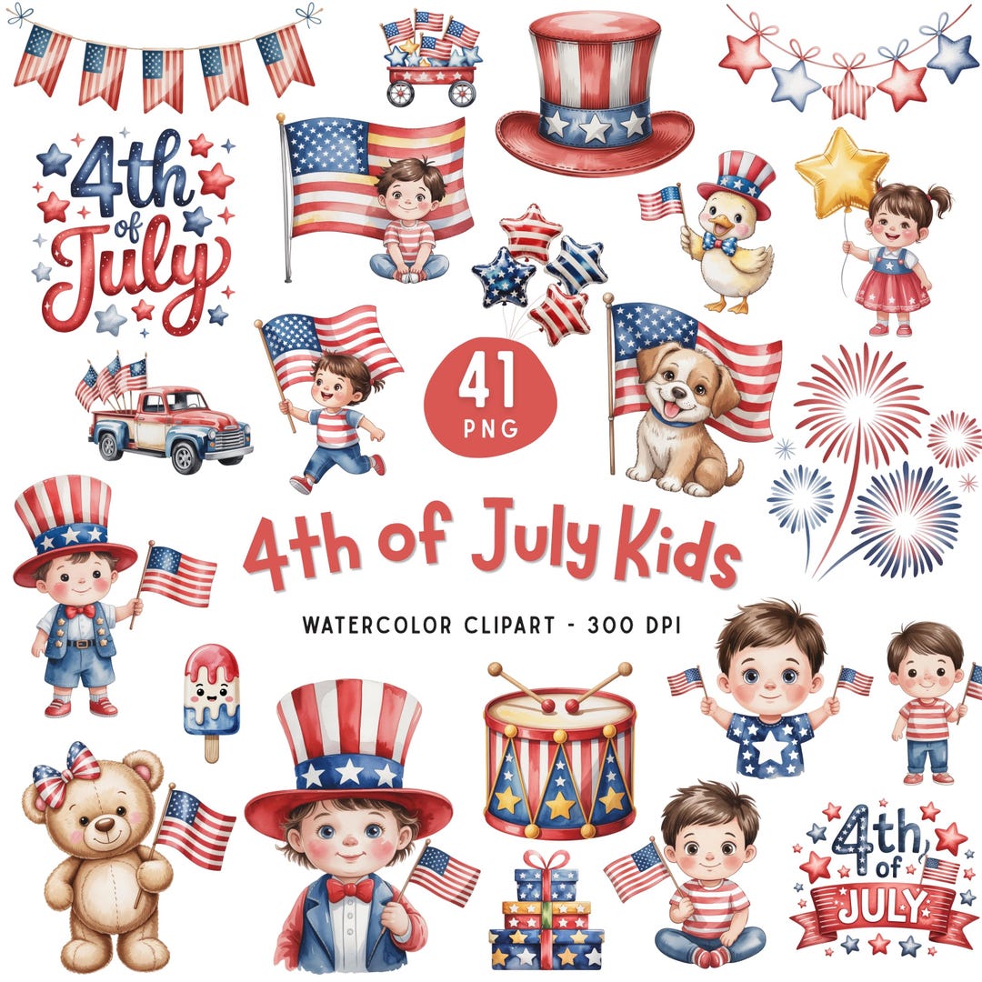 4th of July Kids Watercolor Clipart Bundle, Patriotic Kids Clipart ...