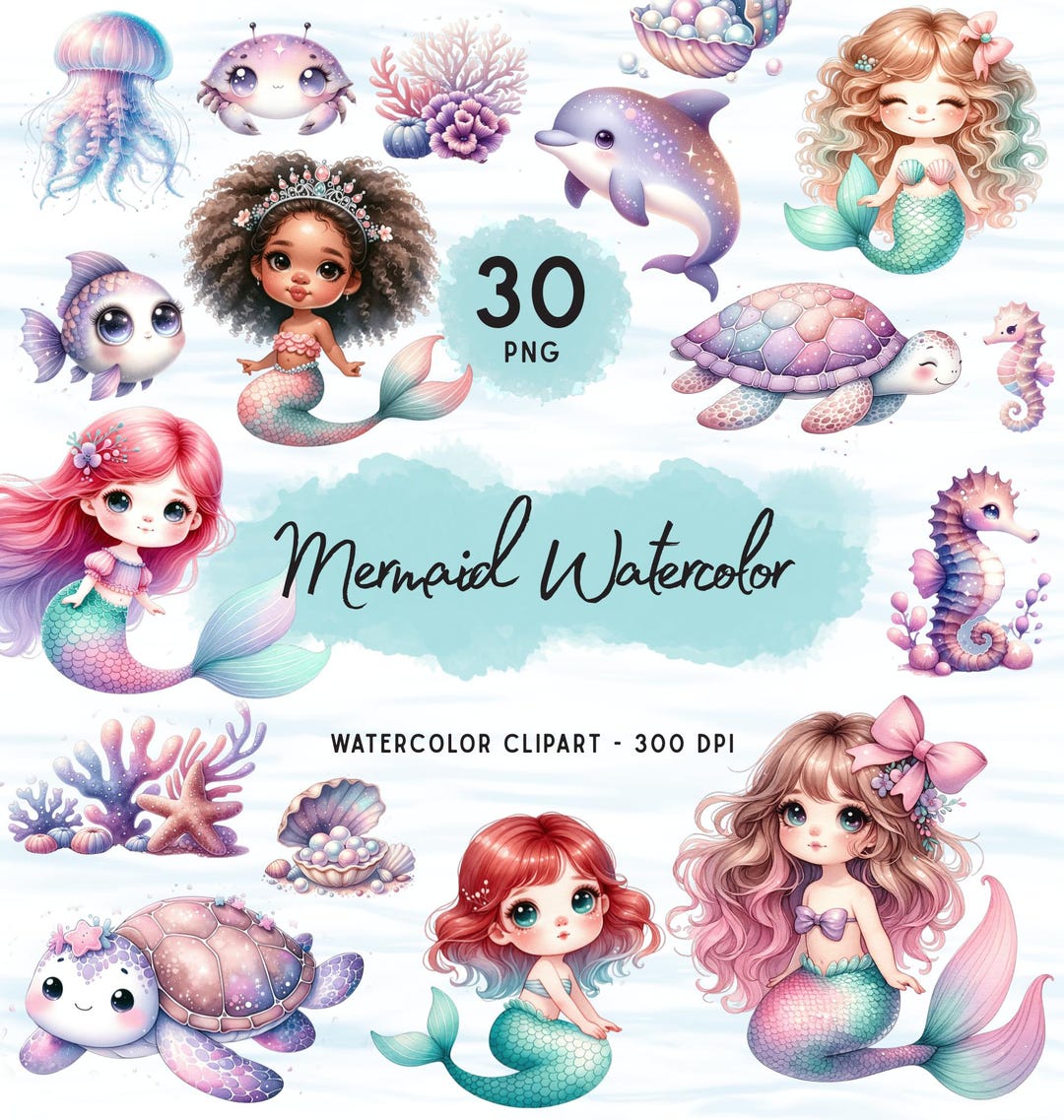 Mermaid Watercolor PNG Bundle, Cute Mermaid Design, Under the Sea ...