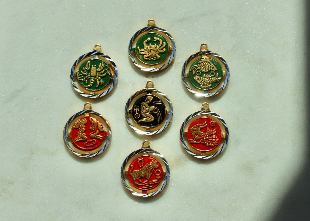 Vintage Zodiac Charm - Mystical Astrology Pendant - Vintage Gold and ...