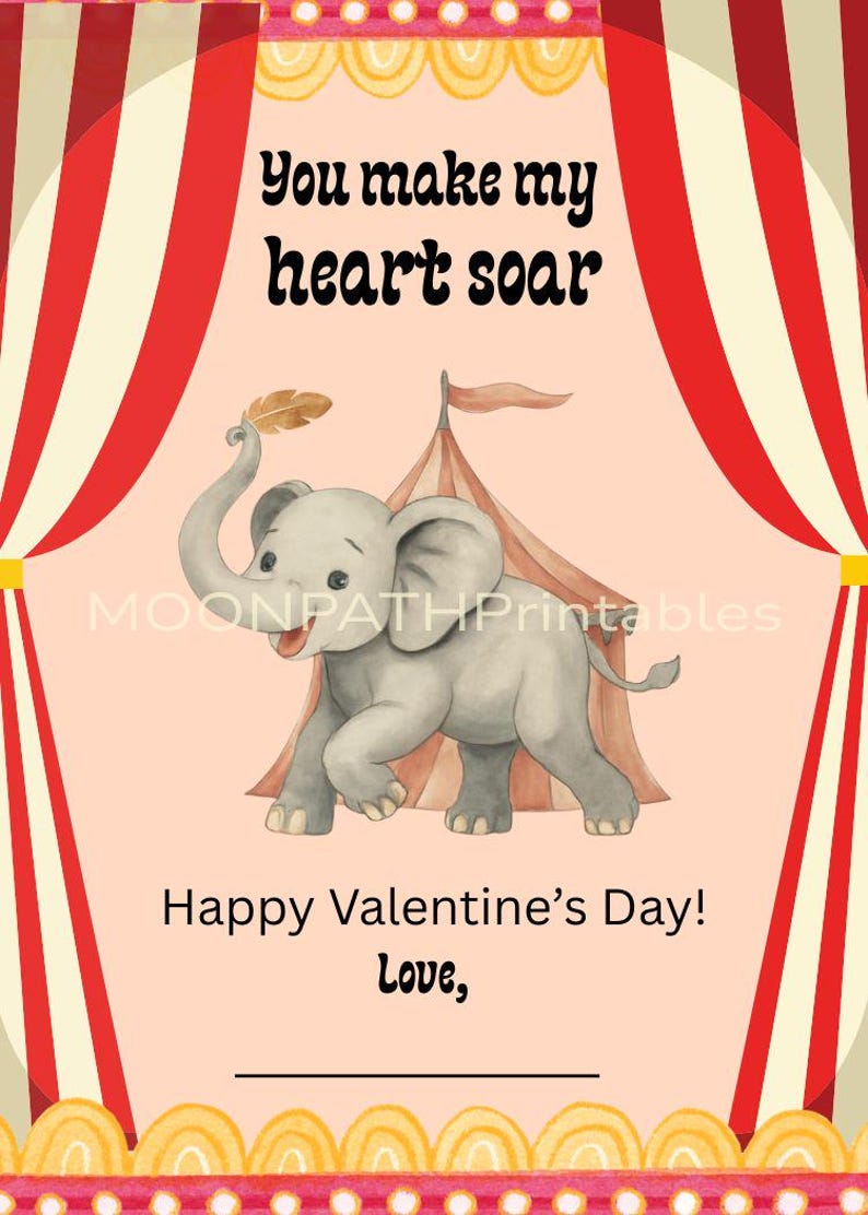 Circus Elephant Valentine Cards for Kids | Printable Classroom ...