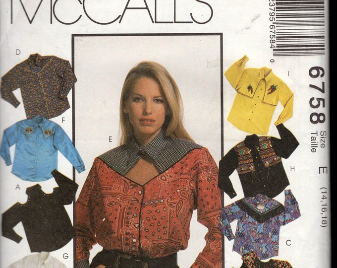 Mccall's 6758 Misses' Western Style Shirts, W/long Cuffed Sleeves, Key ...