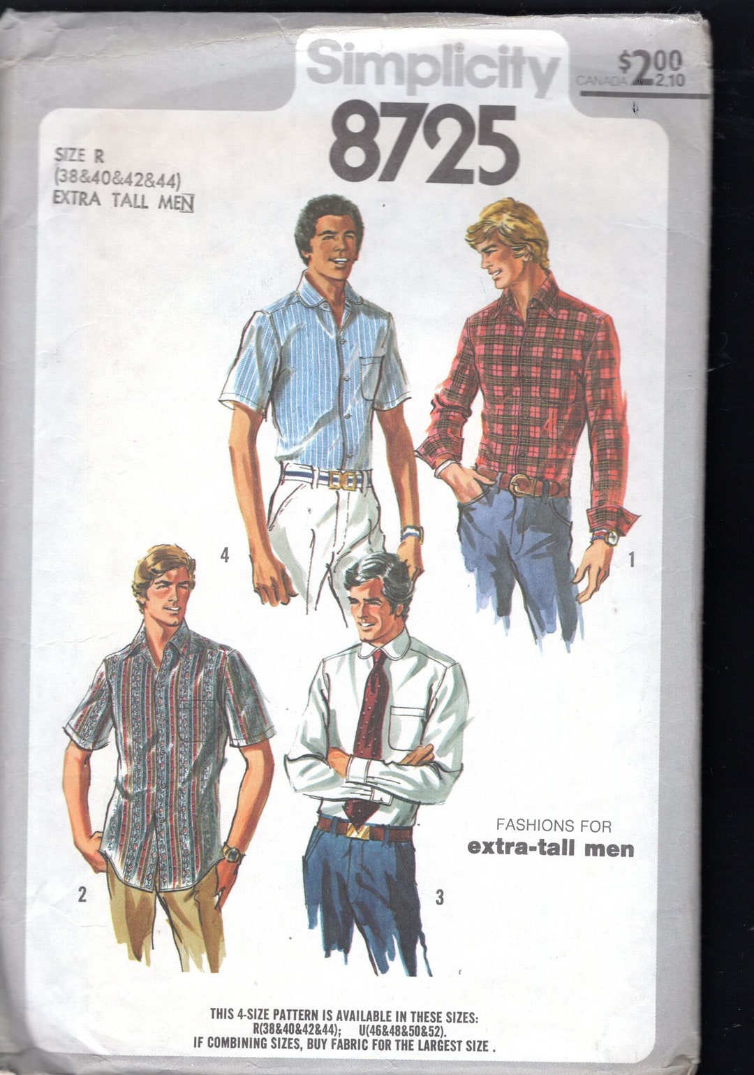 Simplicity 8725 Men's Extra Tall Shirt W/ Long Cuffed or Short Sleeves ...