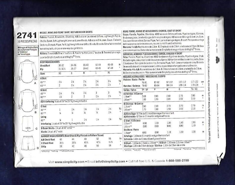 Simplicity 2741 Misses' Men's Shirt W/pointed or - Etsy