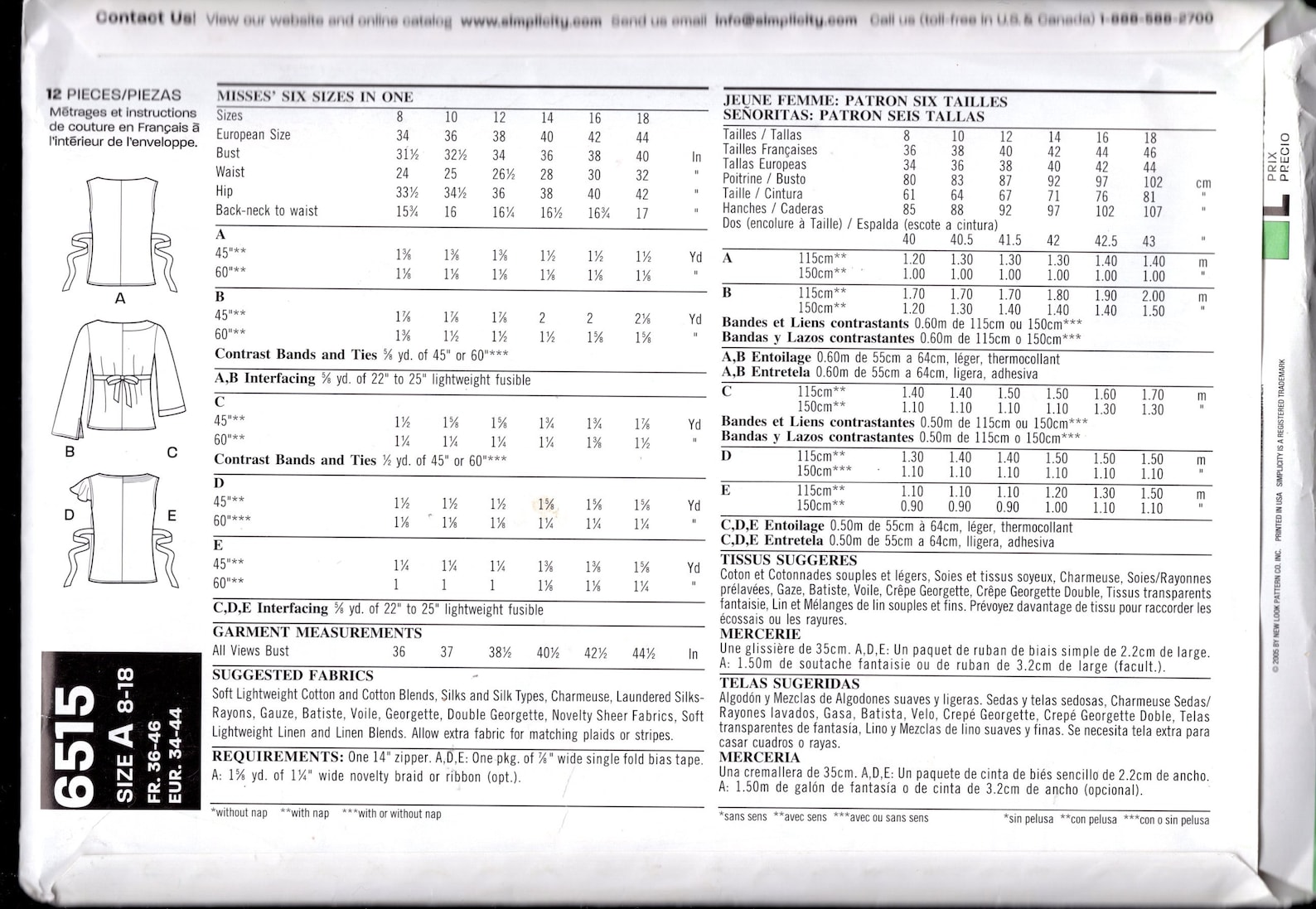 New Look 6515 Misses' Tops, Are Sleeveless, Fluted Capped, 3/4 Length ...