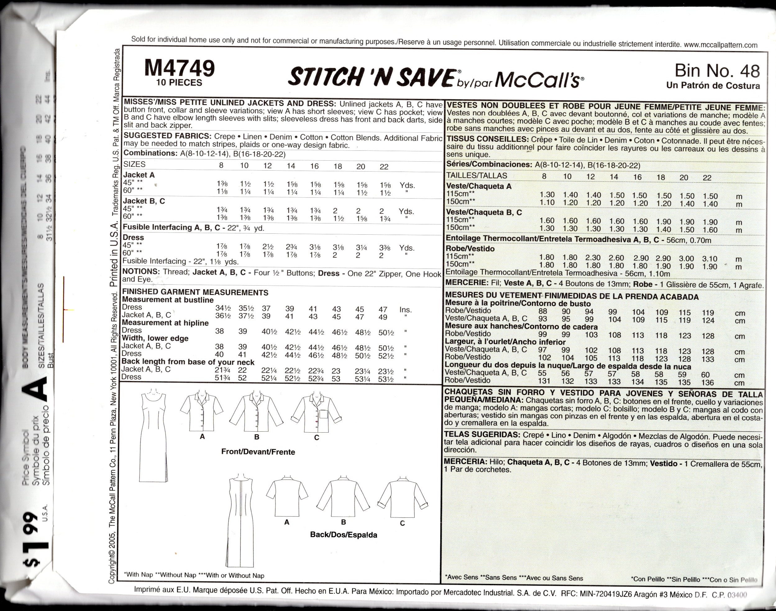 Mccall's Stitch 'N Save 4749 Misses' Unlined Jackets, and Dress With ...