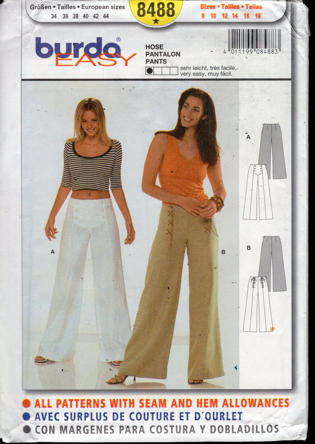 Burda 8488 Misses' Wide Legged Sailor Style Pants With Double Button ...