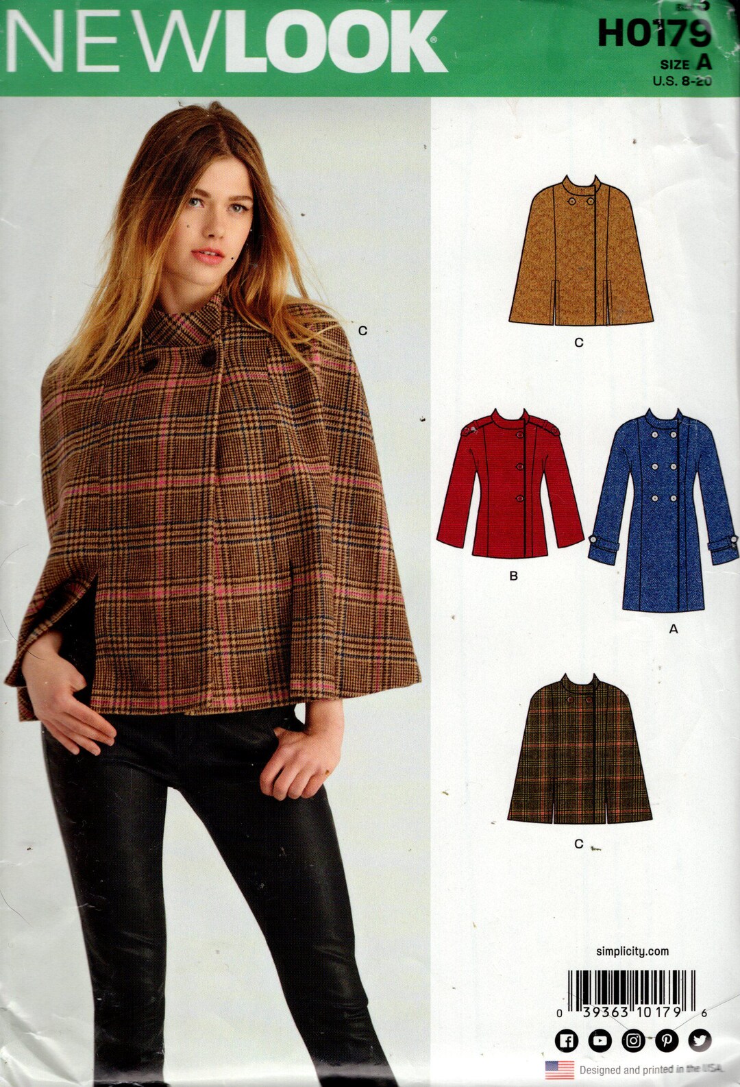 New Look 0179 Misses' Cloak/cape, Semi Fitted Jacket, and Coat, Sizes 8 ...