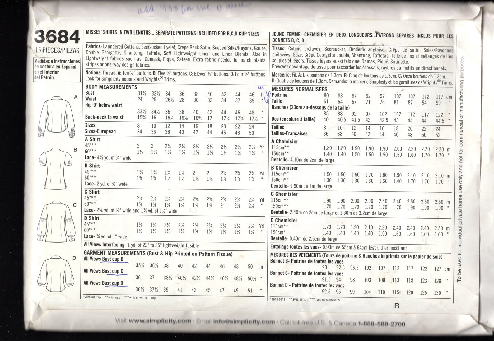 Simplicity 3684 Misses' Button Front, Long or Short Sleeved Shirts in ...