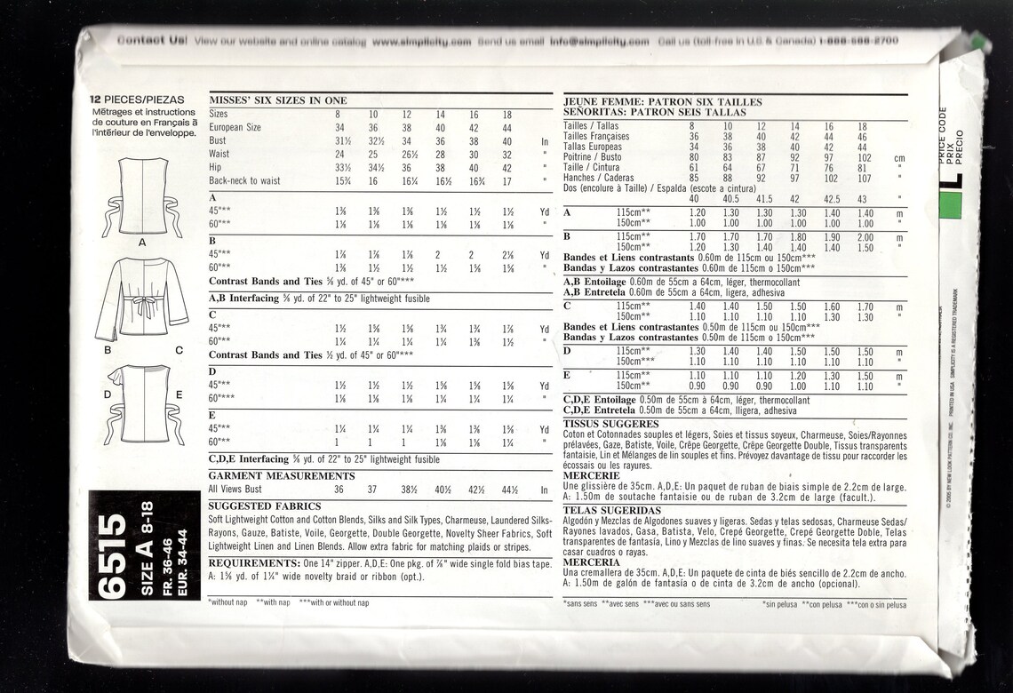 New Look 6515 Misses' Tops, Are Sleeveless, Fluted Capped, 3/4 Length ...