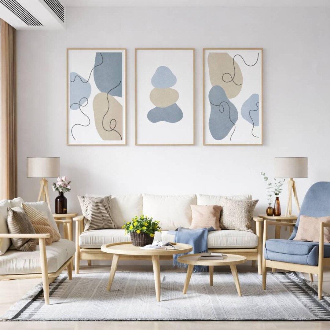 Japandi Blue Abstract Organic Triptych, Soft Blue Minimal Wall Art Set ...