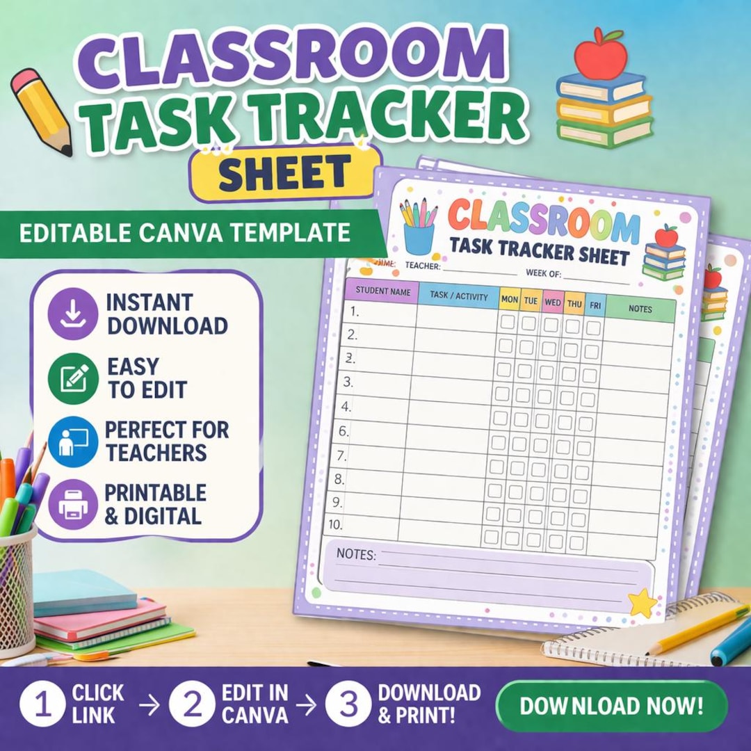 Editable Classroom Task Tracker Sheet Canva Printable Teacher Student ...