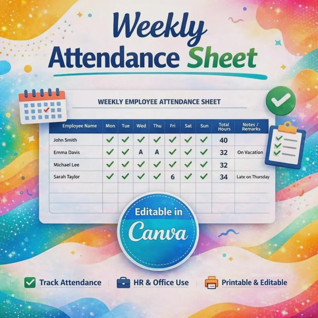 Attendance Tracker Printable PDF, Weekly Employee Attendance Log ...