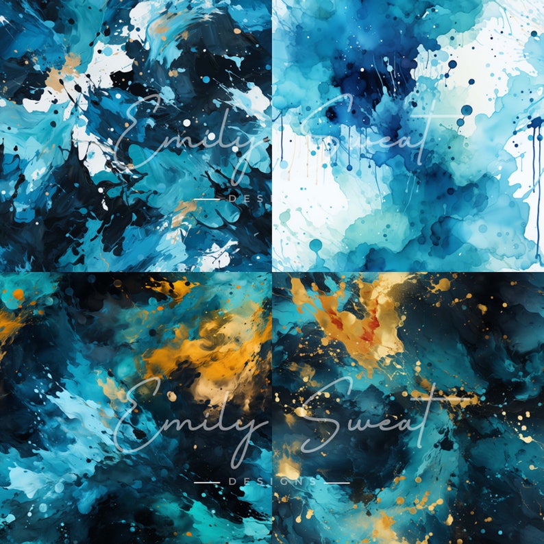 Blue Paint Splotches Digital Paper Pack, 8 Seamless Patterns ...