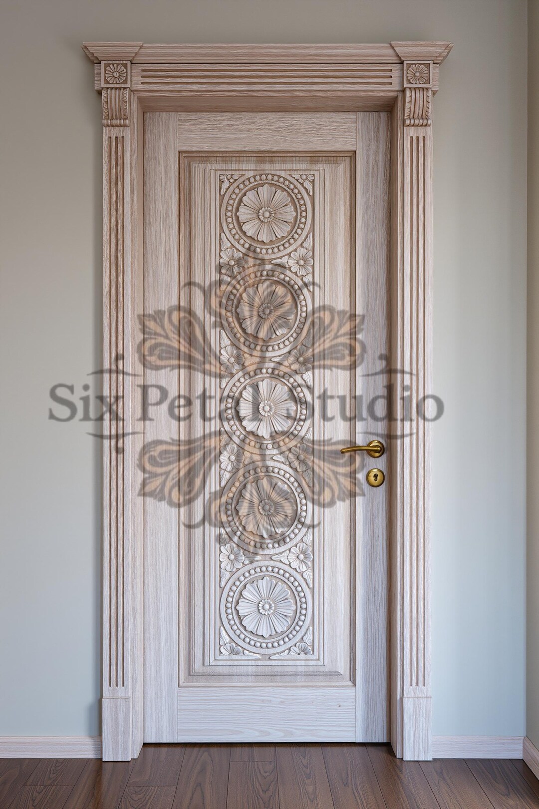 Hand-carved Solid Wood Whitewashed Door With Vertical Floral Rosette ...