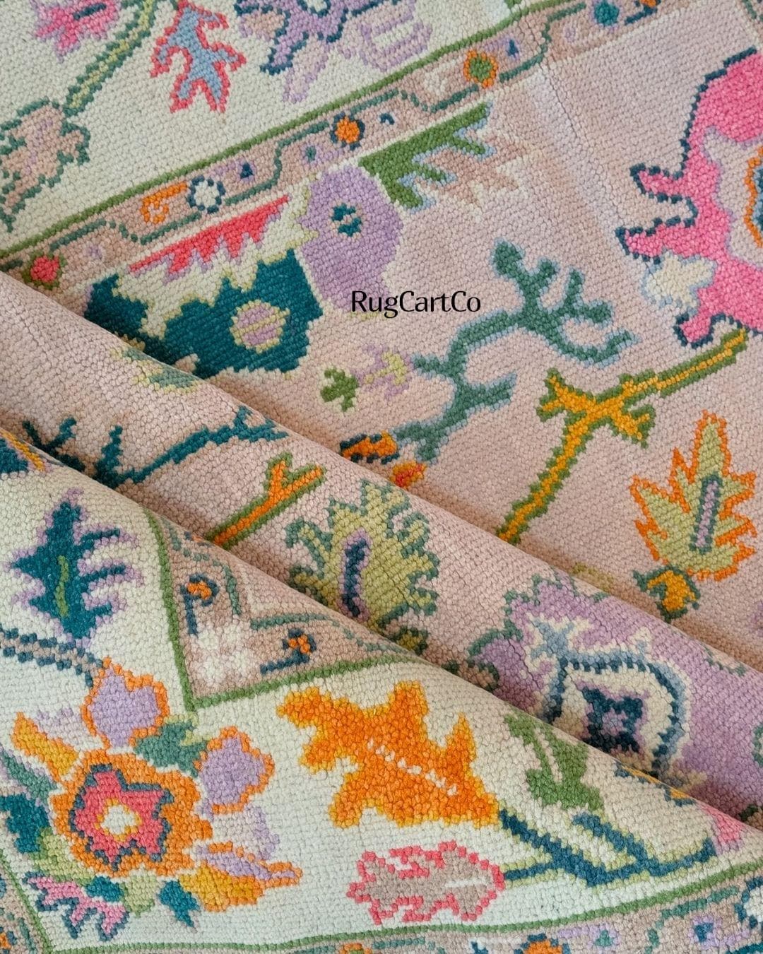 Soft Pink Green Oushak Rug – Hand Knotted Wool, Vintage Turkish Floral ...