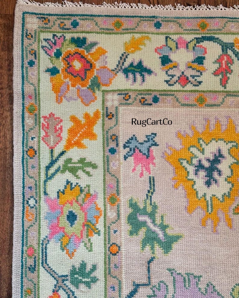 Soft Pink Green Oushak Rug – Hand Knotted Wool, Vintage Turkish Floral ...