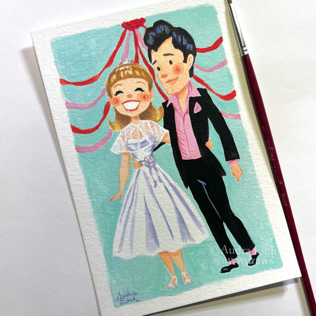 Original 'grease' Gouache Painting – Sandy & Danny at Prom (4x6 Inch ...