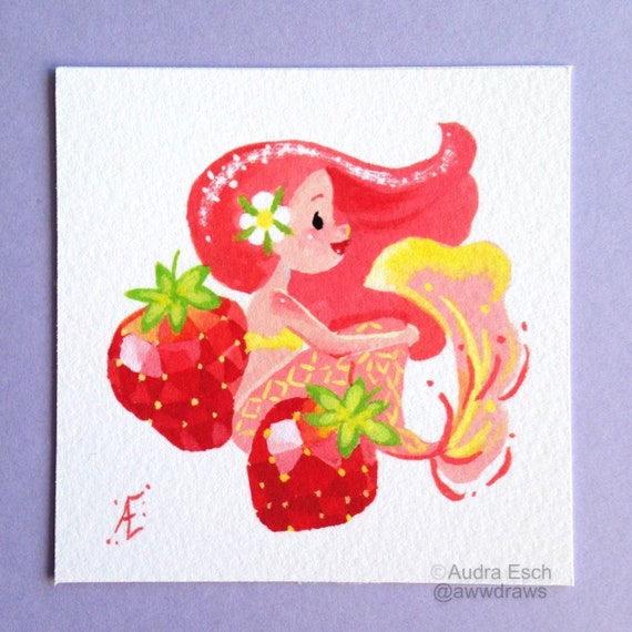 Strawberry Gem Mermaid 3x3 inches fine art print | Etsy