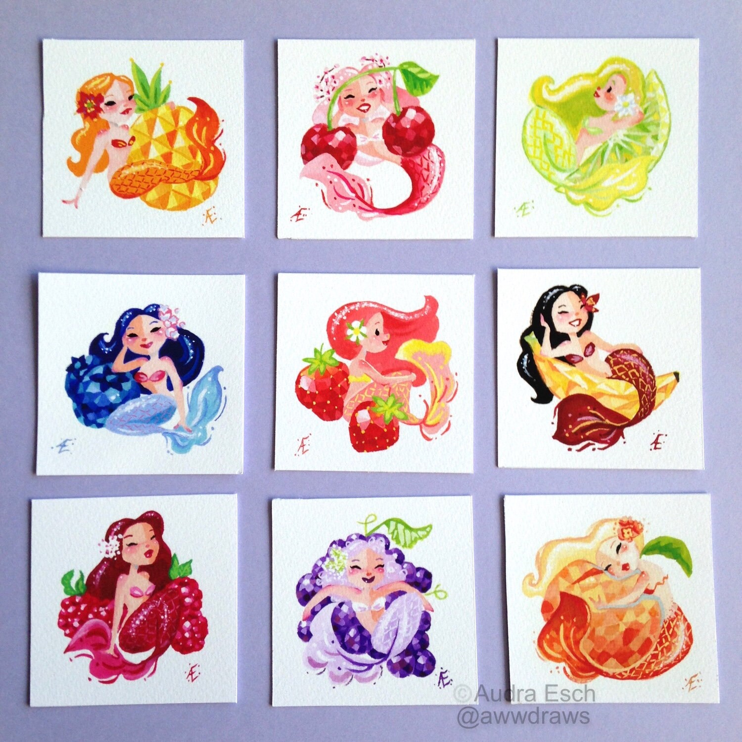 Strawberry Gem Mermaid 3x3 inches fine art print | Etsy