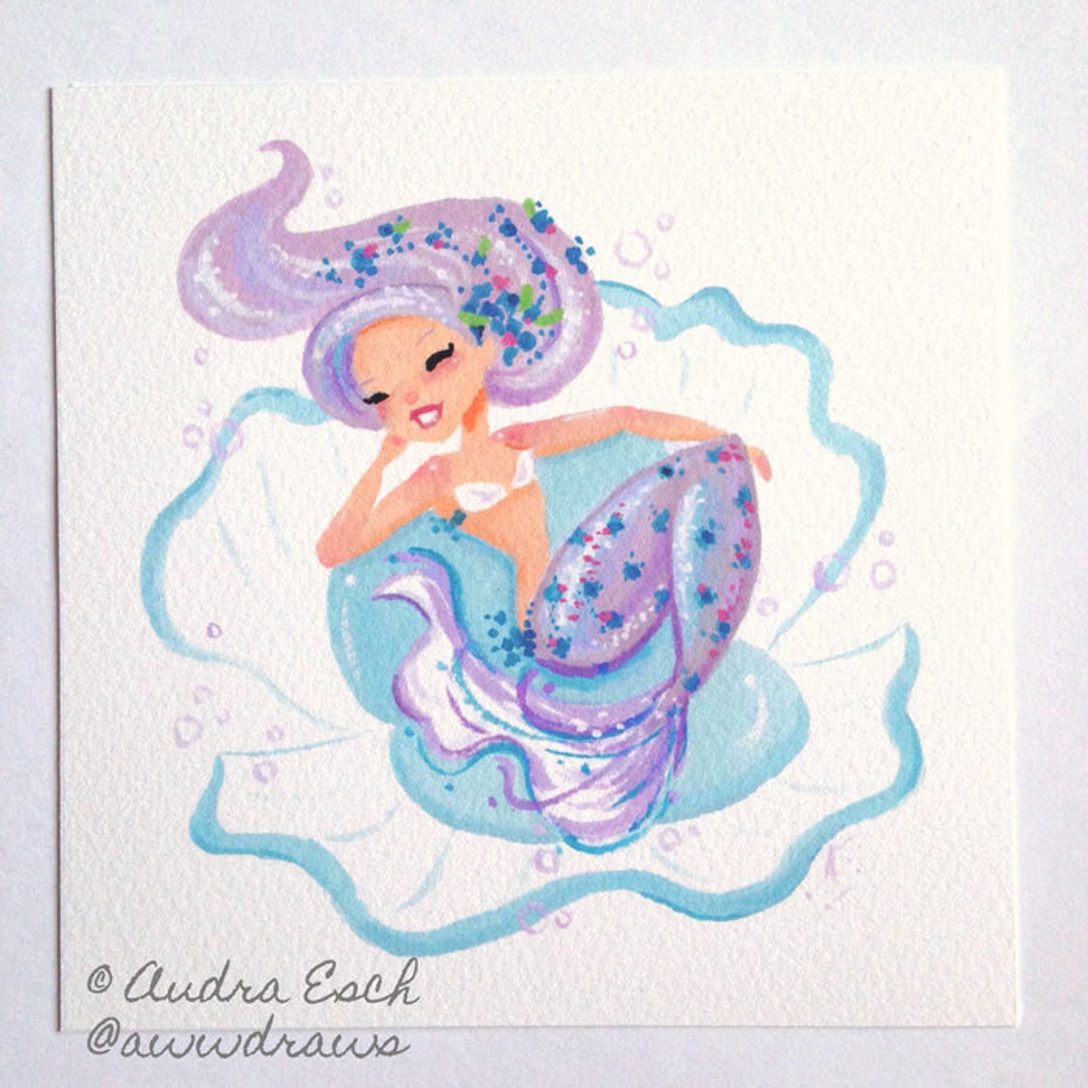 Purple Mermaid in Seashell Chair 5 X 5 Inches Fine Art | Etsy