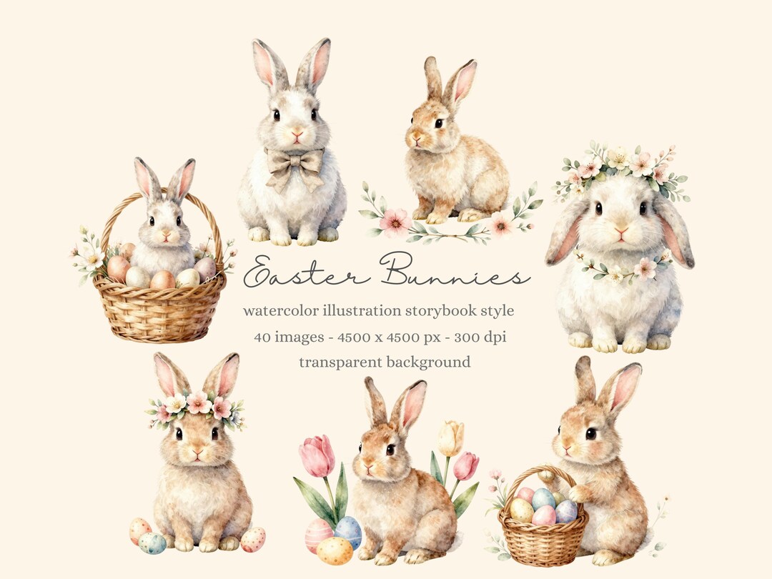 Watercolor Easter Bunny Clipart – Pastel Spring PNG Bundle Cottagecore ...