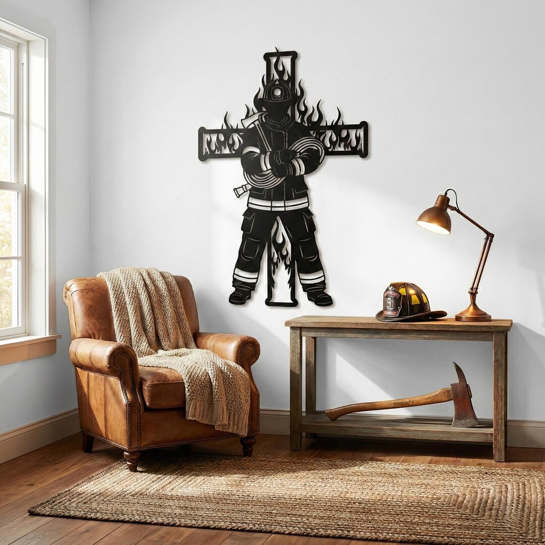 Firefighter Flame Metal Wall Art, Rustic Fireman Cross With Flames ...