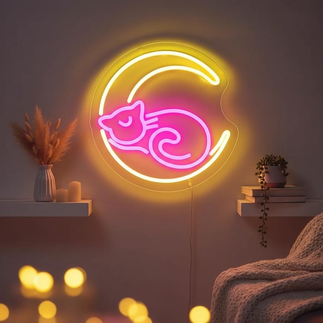 Crescent Cat Neon Sign | Pink & Yellow LED Wall Decor - Etsy
