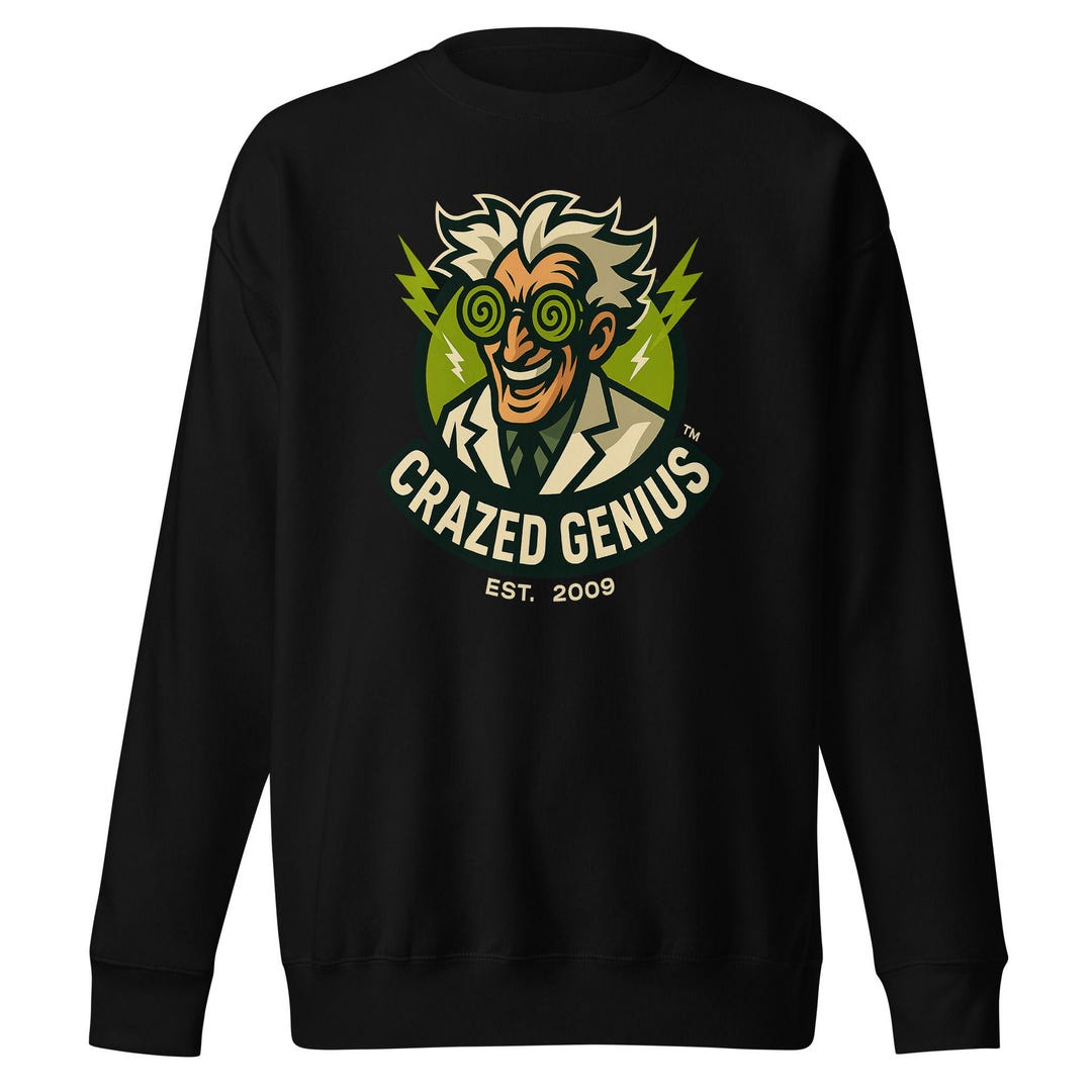 Crazed Genius Scientist Logo Crewneck Sweatshirt | Mad Scientist ...