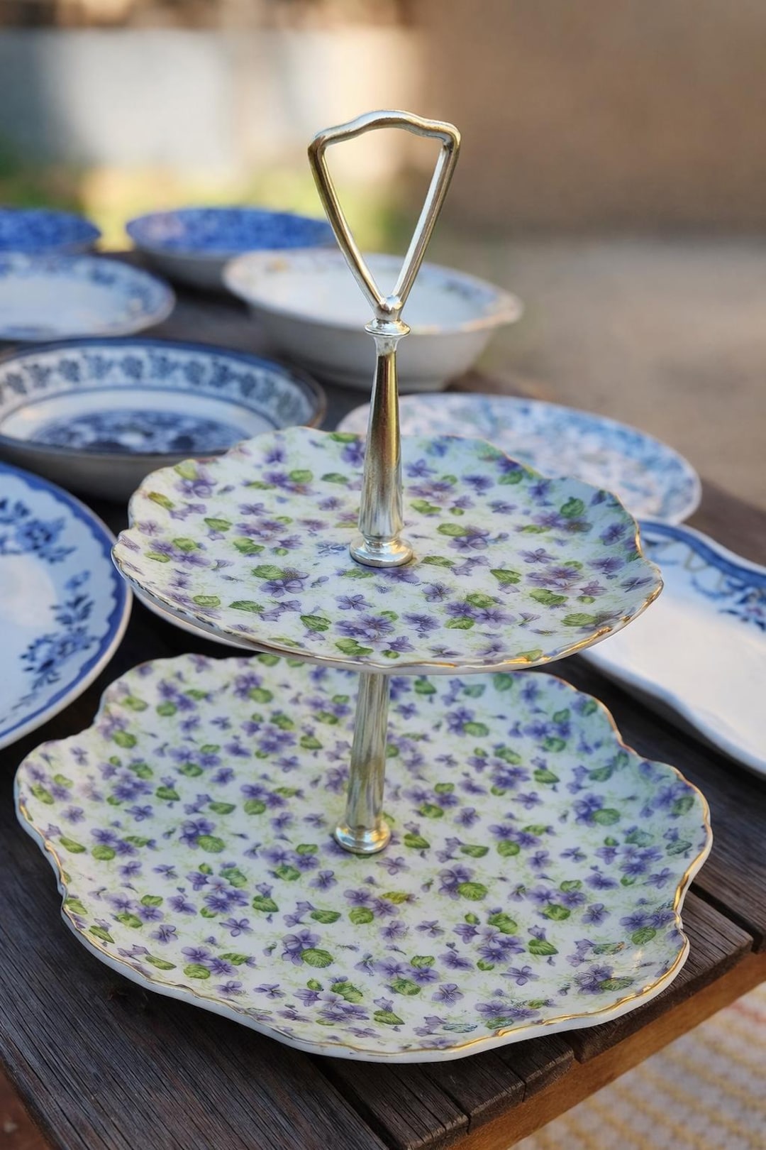 Vintage Lefton Two-tier Tidbit Stand | Hand-painted Violet Floral China ...