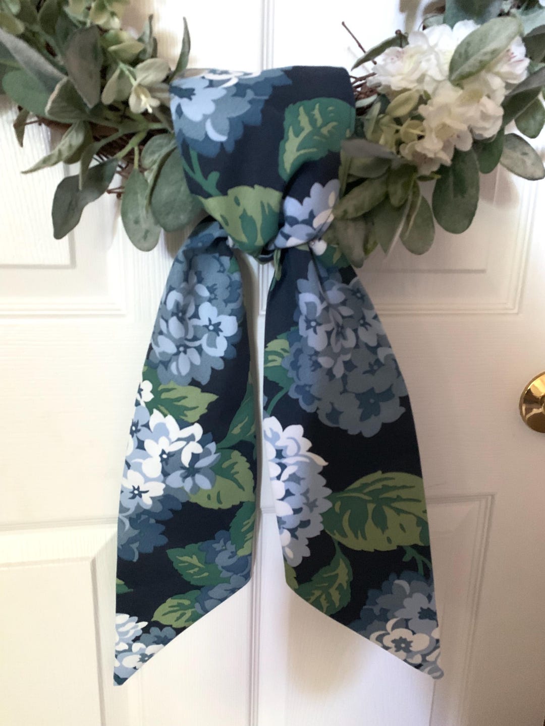 Hydrangea Wreath Sash - Chinoiserie Floral Sash - Navy Hydrangea Sash ...
