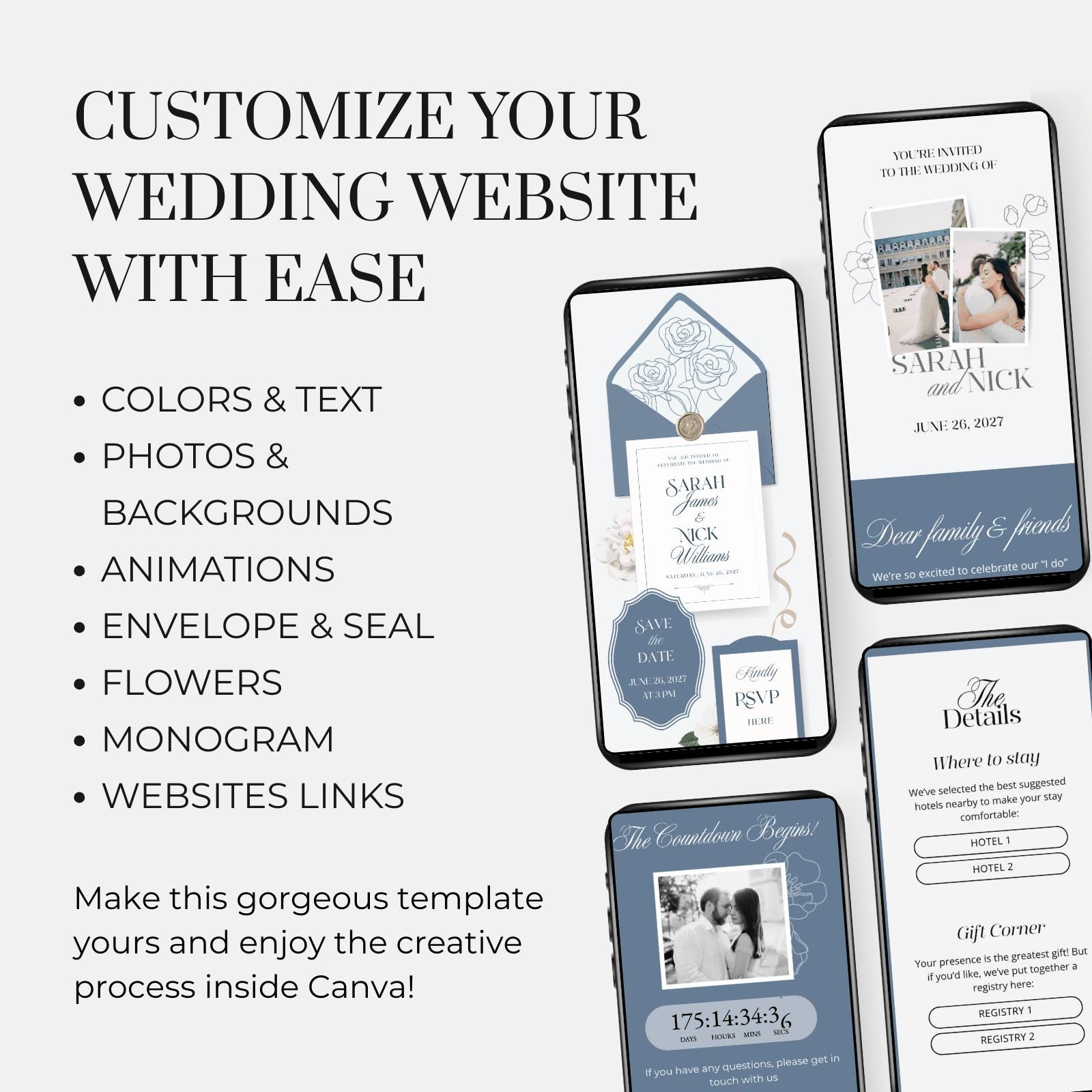 Blue Wedding Website Template Canva | Digital Wedding Invite and RSVP ...