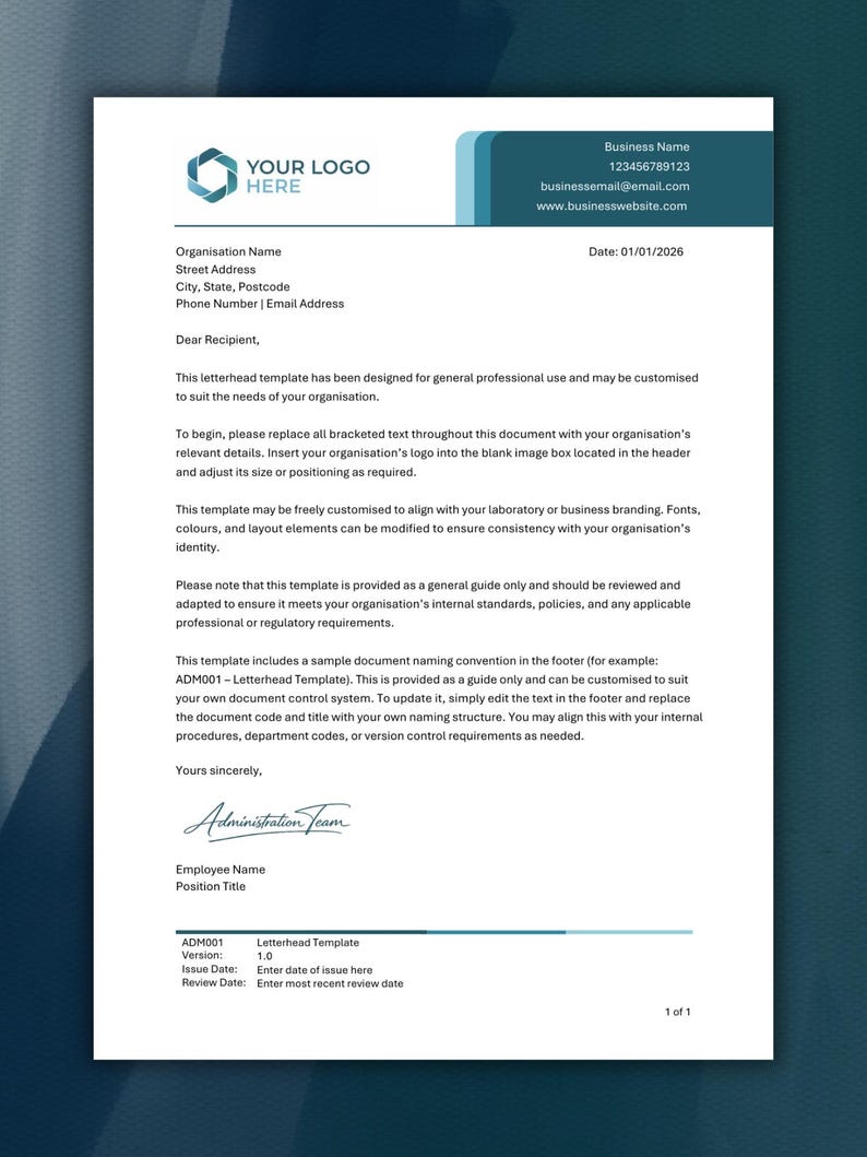 Professional A4 Letterhead Template – Document Control Ready | Editable ...