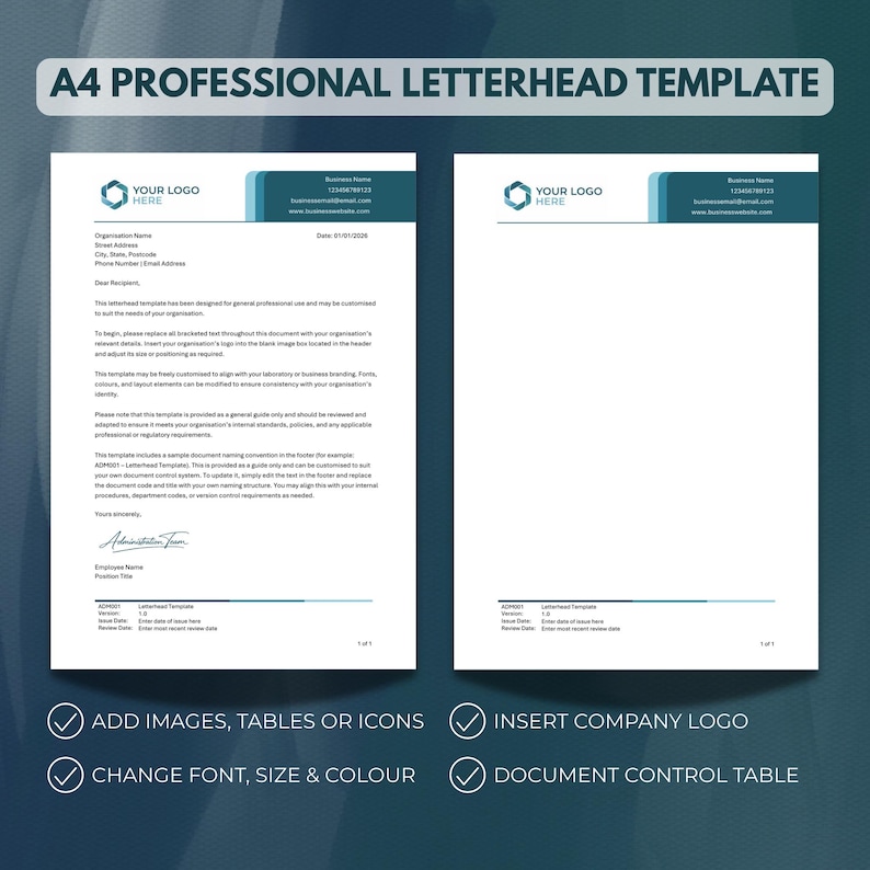 Professional A4 Letterhead Template – Document Control Ready | Editable ...