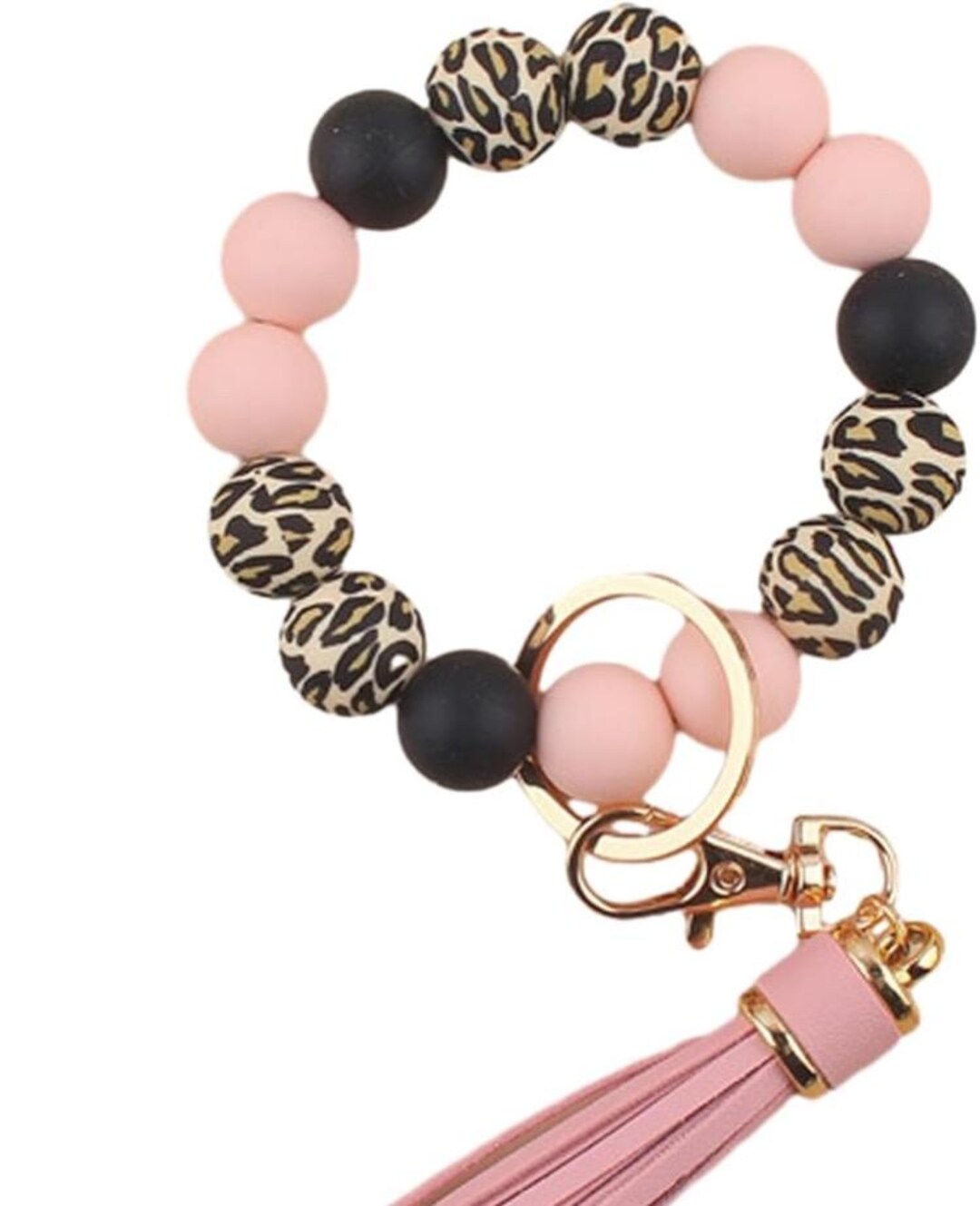 Pink Cheetah Silicone Bead Bracelet Keychain With Tassel - Etsy