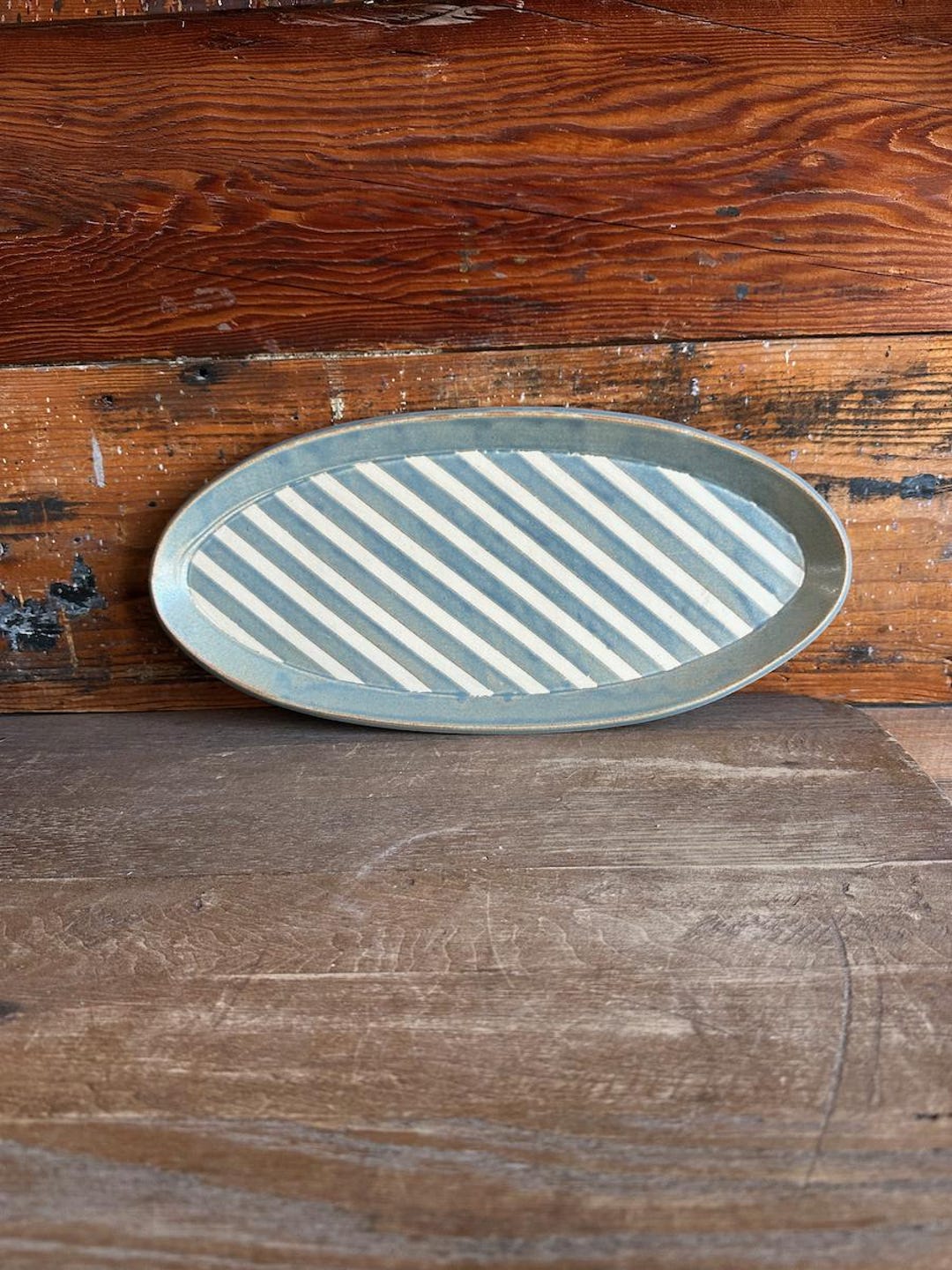 Oval Platter - Slate Blue With White Diagonal Stripes - Etsy