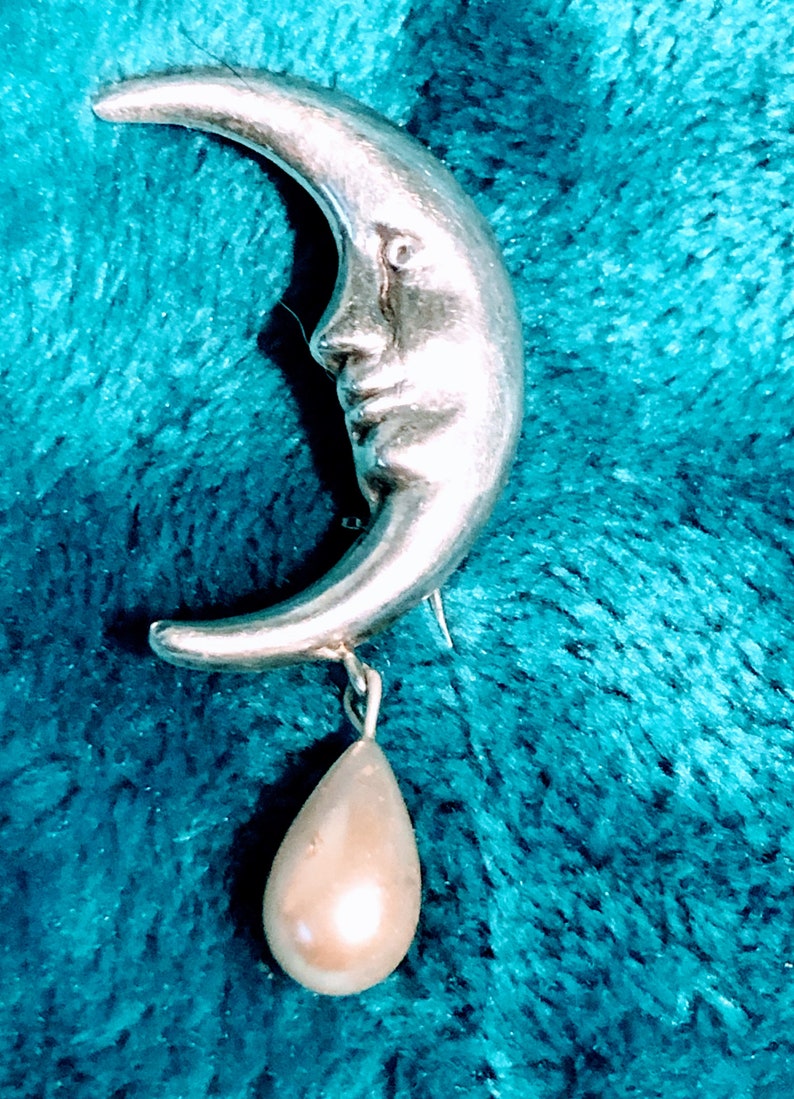 Vintage Sterling Silver Moon Crescent Brooch With Dangling - Etsy