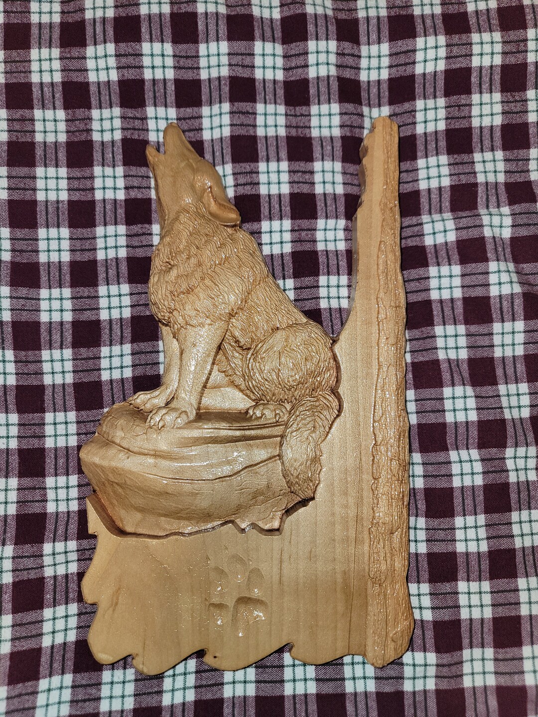Handcrafted Maple Wood Carving of a Wolf Howling at Night - Varnished ...