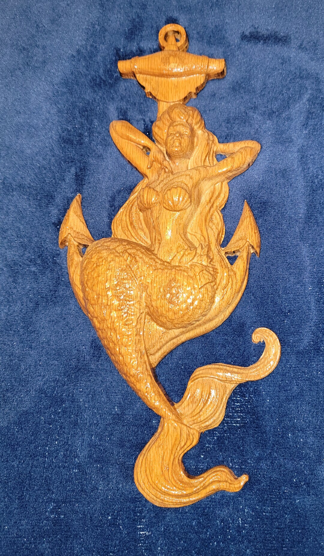 Carved Mermaid on Anchor Wall Sculpture in Red Oak With Water-based ...
