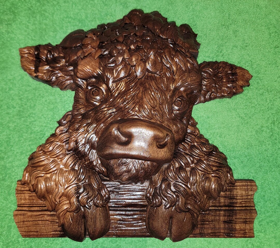 Handcrafted Maple Wood Highland Cow Carving: Floral Wall Decor - Etsy