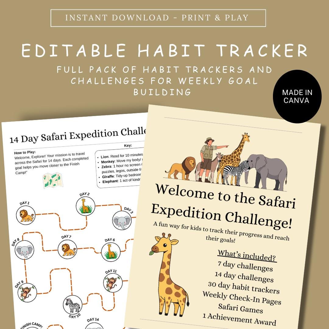 Safari Habit Tracker & Weekly Goal Planner | Printable PDF + Canva ...