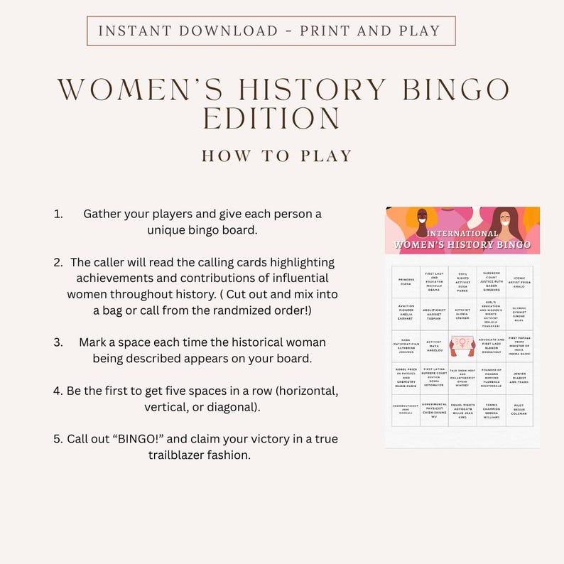 Printable Women's History Month Bingo | March Celebration Party Game ...