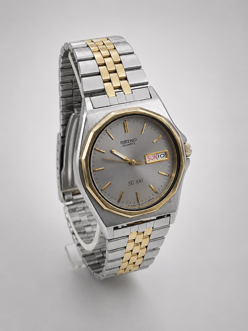 Vintage Seiko SQ 100 Two Tone Watch 5Y23 Octagonal Bezel, Gray Dial, 1 ...