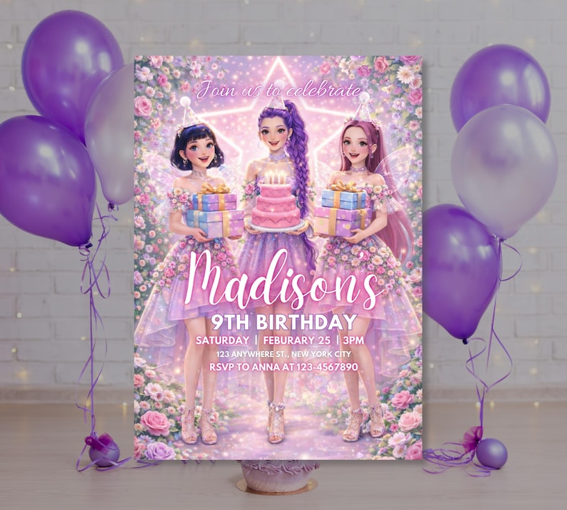 Kpop Demon Hunters Birthday Invitation, Spring Anime Flowers Theme ...