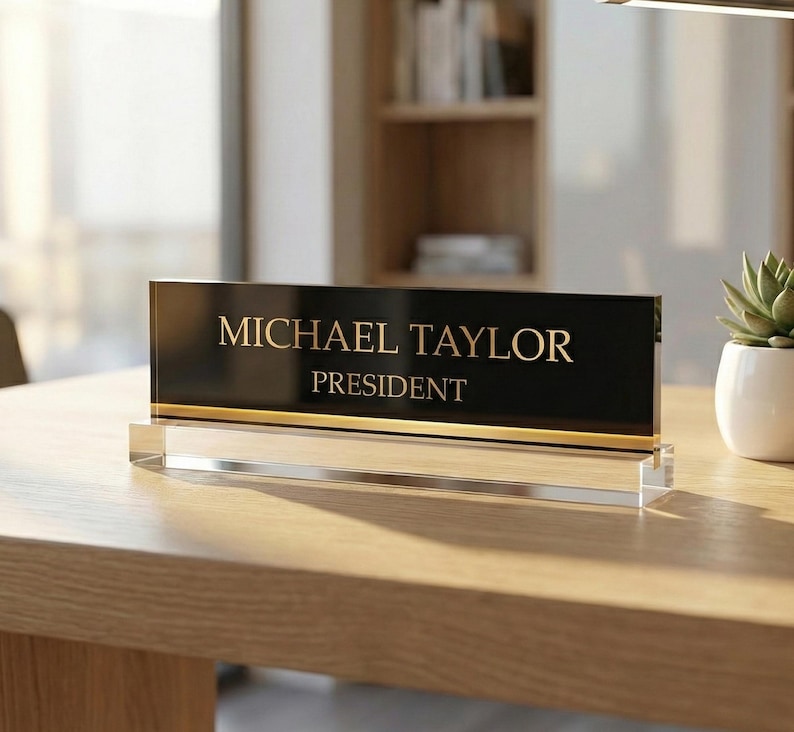 Personalized Black Acrylic Desk Name Plate, Gold Text - Etsy