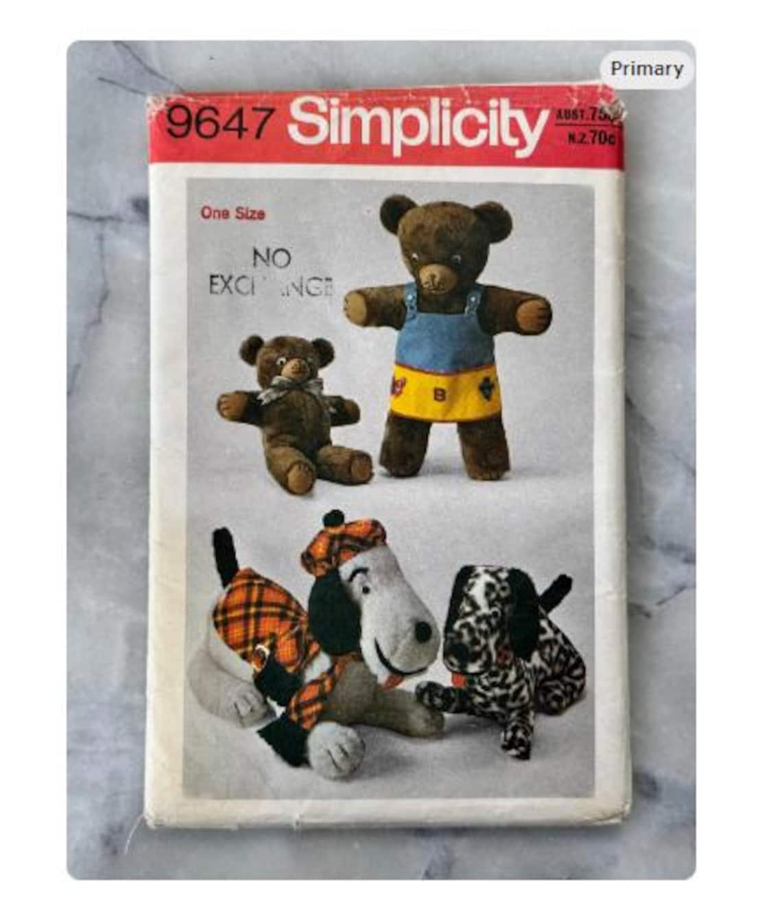 1971 Simplicity 9647 Sewing Pattern - Stuffed Bear and Dog Toys With ...
