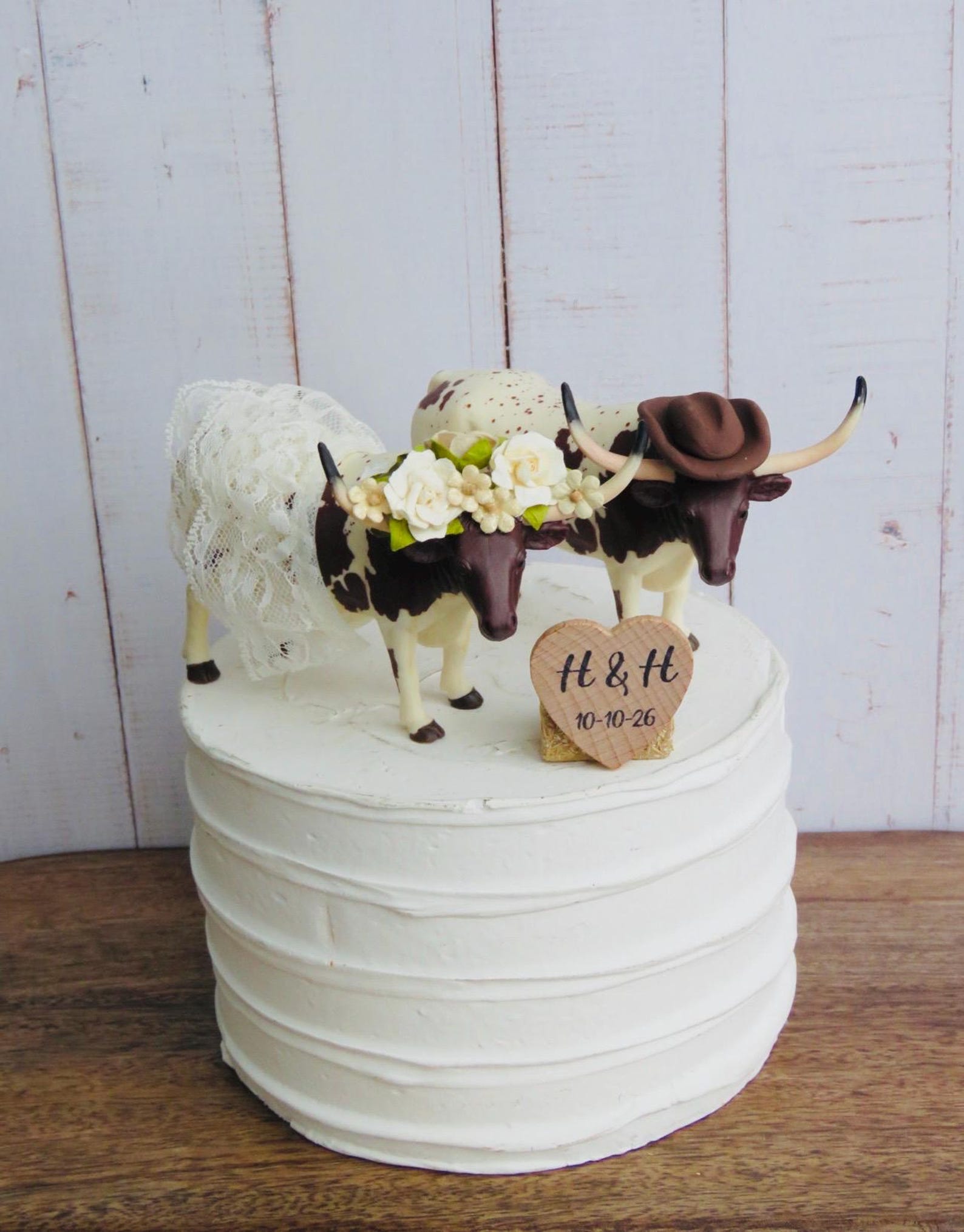 Rustic Longhorn Wedding Cake Topper | Bride and Groom Cows | Western ...